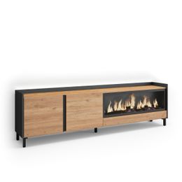 LOWBOARD, Eiche und Schwarz, 212/35/61cm, Kamin mit Feuereffekt XXL