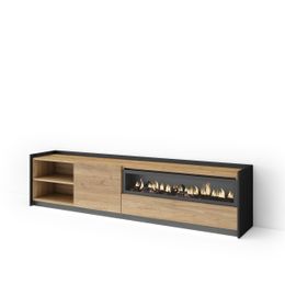 LOWBOARD, Eiche und Schwarz, 207/37/50cm, Kamin mit Feuereffekt