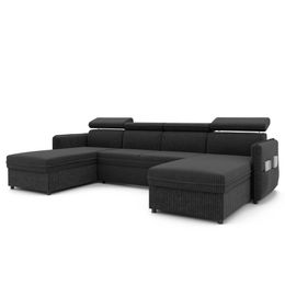 WOHNLANDSCHAFT U-Form Beni mit Schlaffunktion, Cord-Stoff Poso 135 Schwarz
