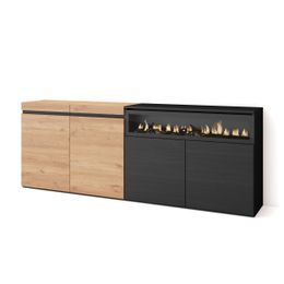 SIDEBOARD Elektrokamin, eiche, schwarz, 200/35/75cm