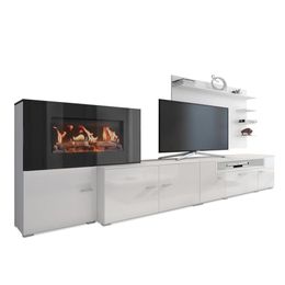 WOHNWAND mit Elektrokamin wei&szlig;, Hochwei&szlig; lackiert, 290/45/170cm