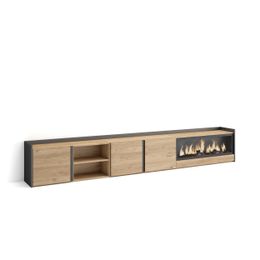 LOWBOARD, Eiche und Schwarz, 315/35/50cm, Kamin mit Feuereffekt XXL