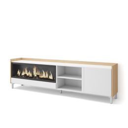 LOWBOARD, Wei&szlig; und Eiche, 212/35/61cm, Kamin mit Feuereffekt XXL