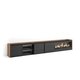 LOWBOARD, Schwarz und Eiche, 315/35/50cm, Kamin mit Feuereffekt XXL