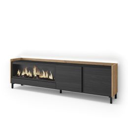 LOWBOARD, Schwarz und Eiche, 212/35/61cm, Kamin mit Feuereffekt XXL