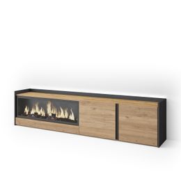 LOWBOARD, Eiche und Schwarz, 212/35/50cm, Kamin mit Feuereffekt XXL