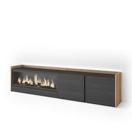 LOWBOARD, Schwarz und Eiche, 212/35/50cm, Kamin mit Feuereffekt XXL