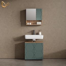 BADM&Ouml;BEL-SET Ronco Gr&uuml;n/Goldkraft Eiche 2 Teile, Unterschrank 60 cm