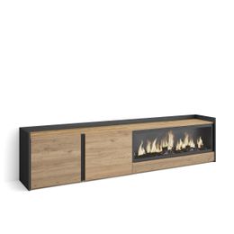 LOWBOARD, Eiche und Schwarz, 212/35/50cm, Kamin mit Feuereffekt XXL