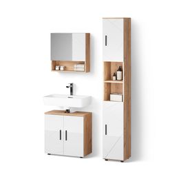 BADM&Ouml;BEL-SET Ronco Wei&szlig; Hochglanz/Goldkraft Eiche 3 Teile, mit Hochschrank