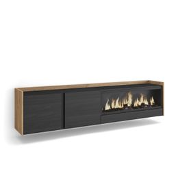 LOWBOARD, Schwarz und Eiche, 212/35/50cm, Kamin mit Feuereffekt XXL