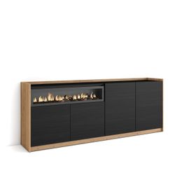 SIDEBOARD, Highboard, Schwarz Eiche, Elektrokamin, 207/37/80cm