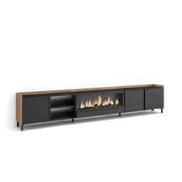 LOWBOARD, Schwarz und Eiche, 315/35/61cm, Kamin mit Feuereffekt XXL
