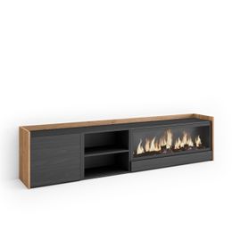 LOWBOARD, Schwarz und Eiche, 212/35/50cm, Kamin mit Feuereffekt XXL