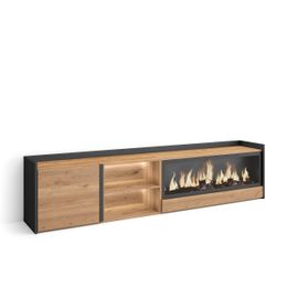 LOWBOARD, Eiche und Schwarz, 212/35/50cm, Kamin mit Feuereffekt XXL