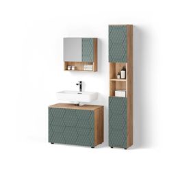 BADM&Ouml;BEL-SET Ronco Gr&uuml;n/Goldkraft Eiche 3 Teile, mit Schubladenschrank und Hochschrank