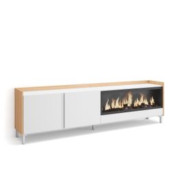 LOWBOARD, Wei&szlig; und Eiche, 212/35/61cm, Kamin mit Feuereffekt XXL