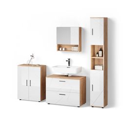 BADM&Ouml;BEL-SET Ronco Wei&szlig; Hochglanz/Goldkraft Eiche 4 Teile, mit Schubladenschrank und Midischrank
