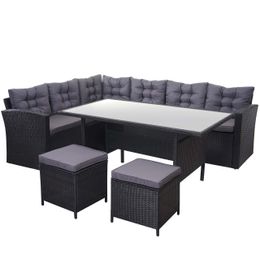 MCW POLY-RATTAN-GARNITUR + HOCKER Schwarz 4er-Set