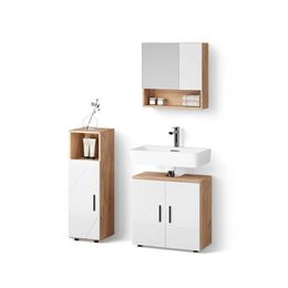 BADM&Ouml;BEL-SET Ronco Wei&szlig; Hochglanz/Goldkraft Eiche 3 Teile