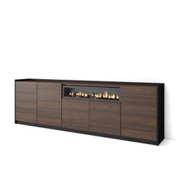 SIDEBOARD, Highboard, Dunkler Eiche und Schwarz, Elektrokamin, 260/37/80cm