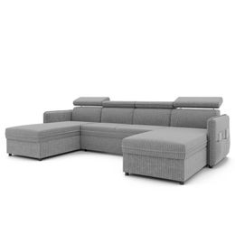 WOHNLANDSCHAFT U-Form Beni mit Schlaffunktion, Cord-Stoff Poso 110 Grau