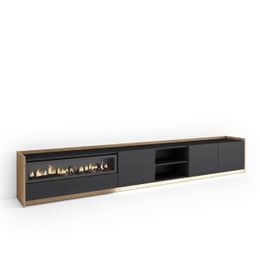 LOWBOARD, Schwarz und Eiche, 310/37/50cm, Kamin mit Feuereffekt