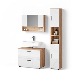 BADM&Ouml;BEL-SET Ronco Wei&szlig; Hochglanz/Goldkraft Eiche 3 Teile, mit Spiegelschrank 80 cm