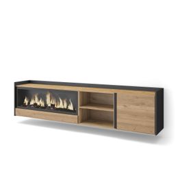 LOWBOARD, Eiche und Schwarz, 212/35/50cm, Kamin mit Feuereffekt XXL