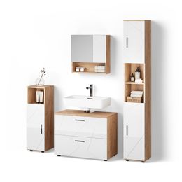 BADM&Ouml;BEL-SET Ronco Wei&szlig; Hochglanz/Goldkraft Eiche 4 Teile, mit Schubladenschrank und Hochschrank