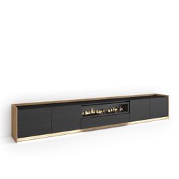 LOWBOARD, Schwarz und Eiche, 310/37/50cm, Kamin mit Feuereffekt