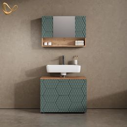 BADM&Ouml;BEL-SET Ronco Gr&uuml;n/Goldkraft Eiche 2 Teile, Unterschrank 80 cm