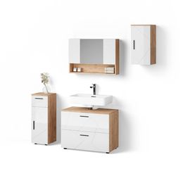 BADM&Ouml;BEL-SET Ronco Wei&szlig; Hochglanz/Goldkraft Eiche 4 Teile