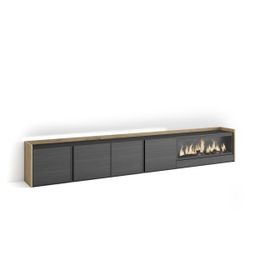 LOWBOARD, Schwarz und Eiche, 315/35/50cm, Kamin mit Feuereffekt XXL