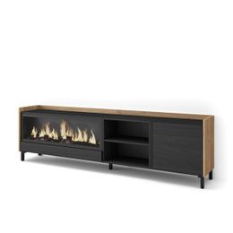 LOWBOARD, Schwarz und Eiche, 212/35/61cm, Kamin mit Feuereffekt XXL