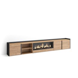 LOWBOARD, Eiche und Schwarz, 315/35/50cm, Kamin mit Feuereffekt XXL