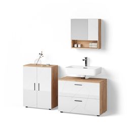 BADM&Ouml;BEL-SET Ronco Wei&szlig; Hochglanz/Goldkraft Eiche 3 Teile, mit Unterschrank 80 cm