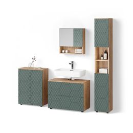 BADM&Ouml;BEL-SET Ronco Gr&uuml;n/Goldkraft Eiche 4 Teile, mit Schubladenschrank und Midischrank