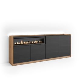 SIDEBOARD, Schwarz und Eiche, 207/37/80cm, Kamin mit Feuereffekt