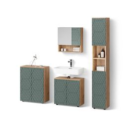 BADM&Ouml;BEL-SET Ronco Gr&uuml;n/Goldkraft Eiche 4 Teile, mit Hochschrank und Kommode