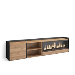 LOWBOARD, Eiche und Schwarz, 212/35/50cm, Kamin mit Feuereffekt XXL