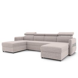 WOHNLANDSCHAFT U-Form Beni mit Schlaffunktion, Cord-Stoff Poso 100 Beige
