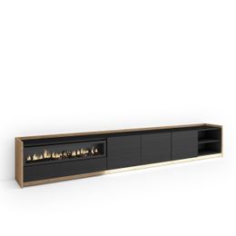 LOWBOARD, Schwarz und Eiche, 310/37/50cm, Kamin mit Feuereffekt