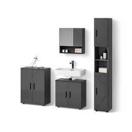 BADM&Ouml;BEL-SET Ronco Anthrazit Hochglanz 4 Teile, mit Hochschrank und Kommode