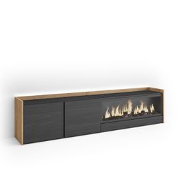 LOWBOARD, Schwarz und Eiche, 212/35/50cm, Kamin mit Feuereffekt XXL