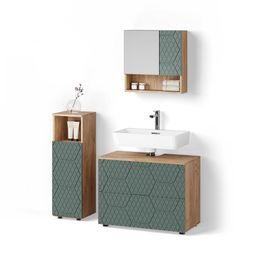 BADM&Ouml;BEL-SET Ronco Gr&uuml;n/Goldkraft Eiche 3 Teile, mit Midischrank