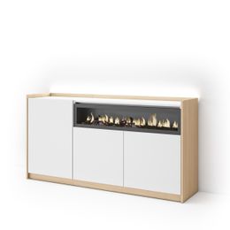 SIDEBOARD, Wei&szlig; und Eiche, 156/37/80cm, Kamin mit Feuereffekt