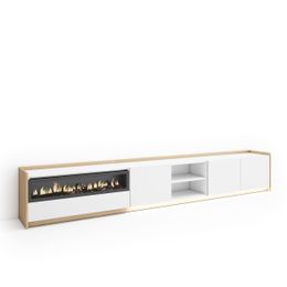 LOWBOARD, Wei&szlig; und Eiche, 310/37/50cm, Kamin mit Feuereffekt