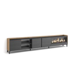 LOWBOARD, Schwarz und Eiche, 315/35/61cm, Kamin mit Feuereffekt XXL