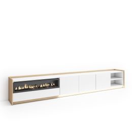 LOWBOARD, Wei&szlig; und Eiche, 310/37/50cm, Kamin mit Feuereffekt